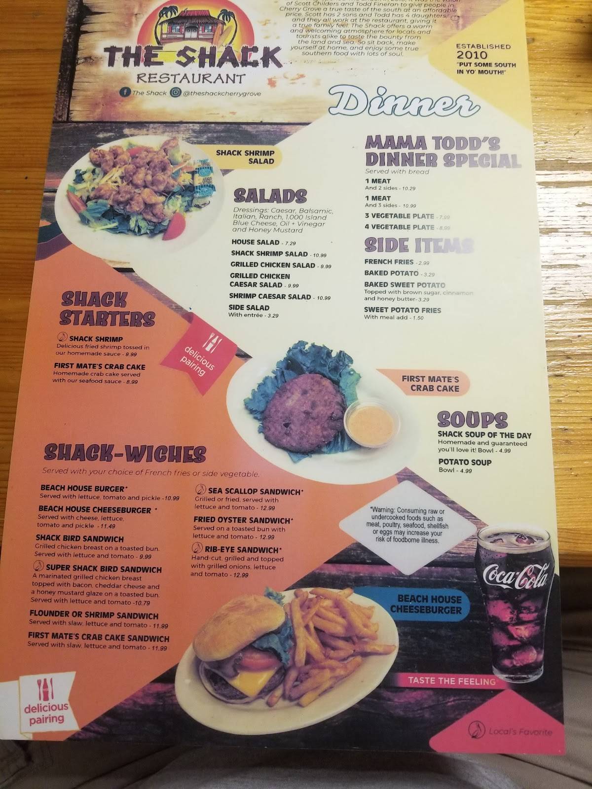Menu at The Shack restaurant, North Myrtle Beach, Sea Mountain Hwy