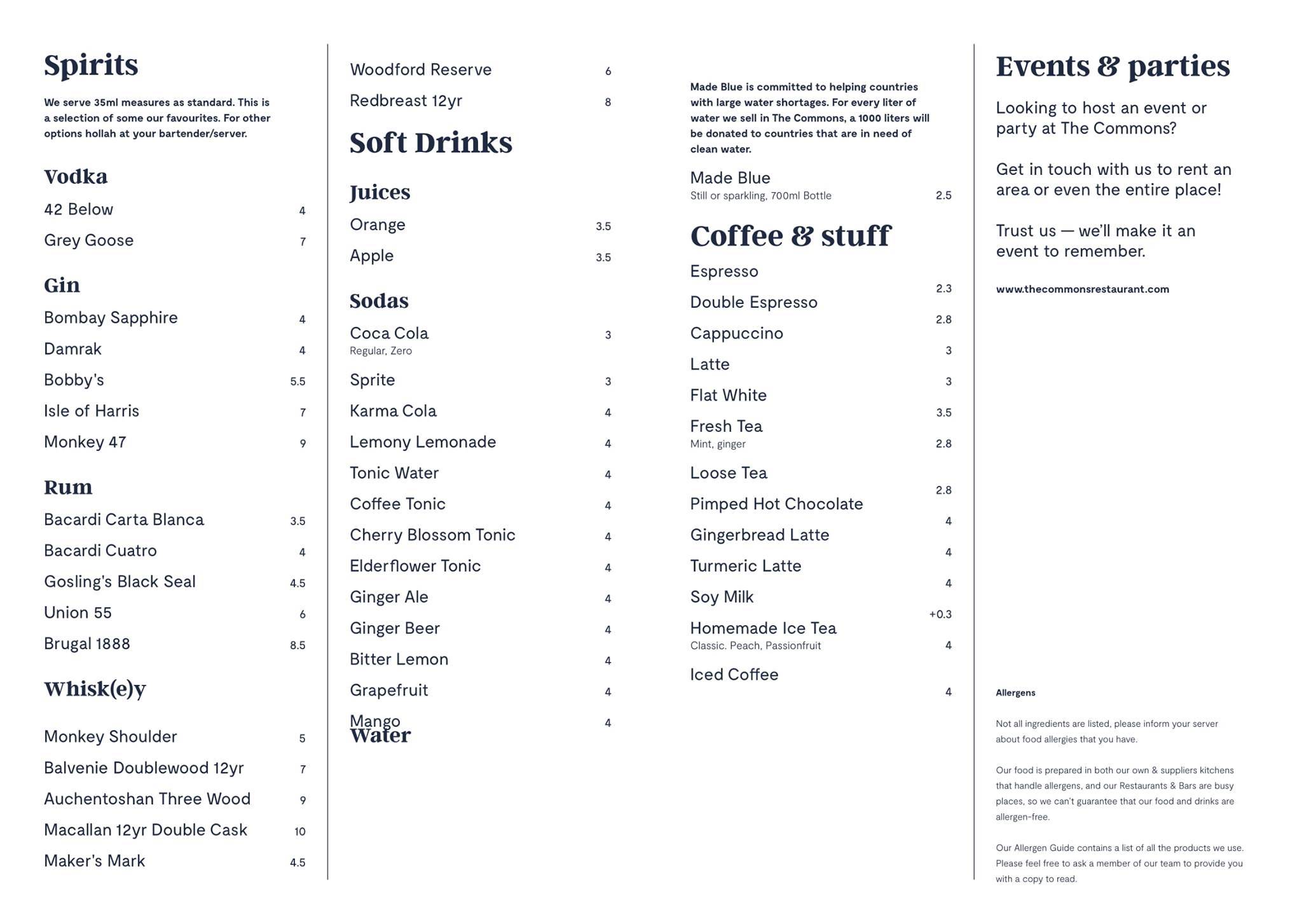 Menu au The Commons, La Haye