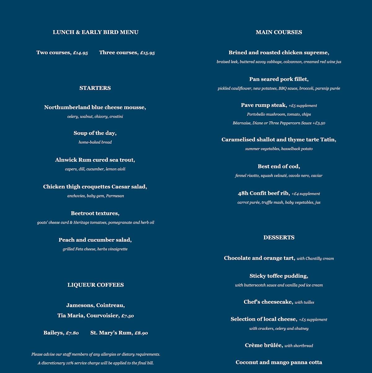 Menu at The Townhouse restaurant, Morpeth