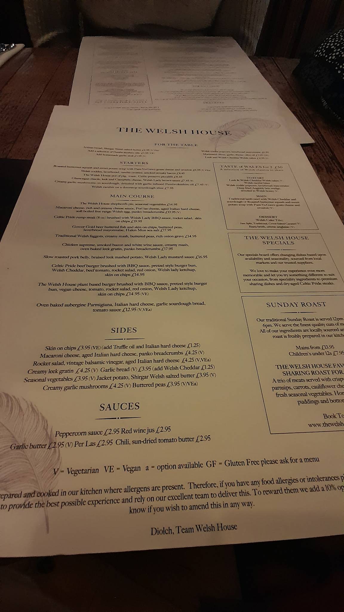 Menu at The Welsh House Cardiff restaurant, Cardiff
