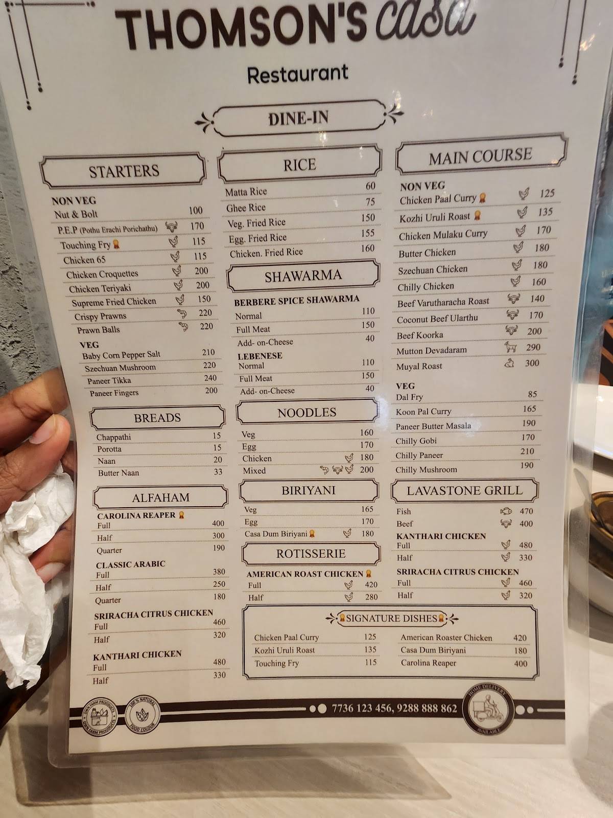 Menu at Thomson's Casa, Thrissur