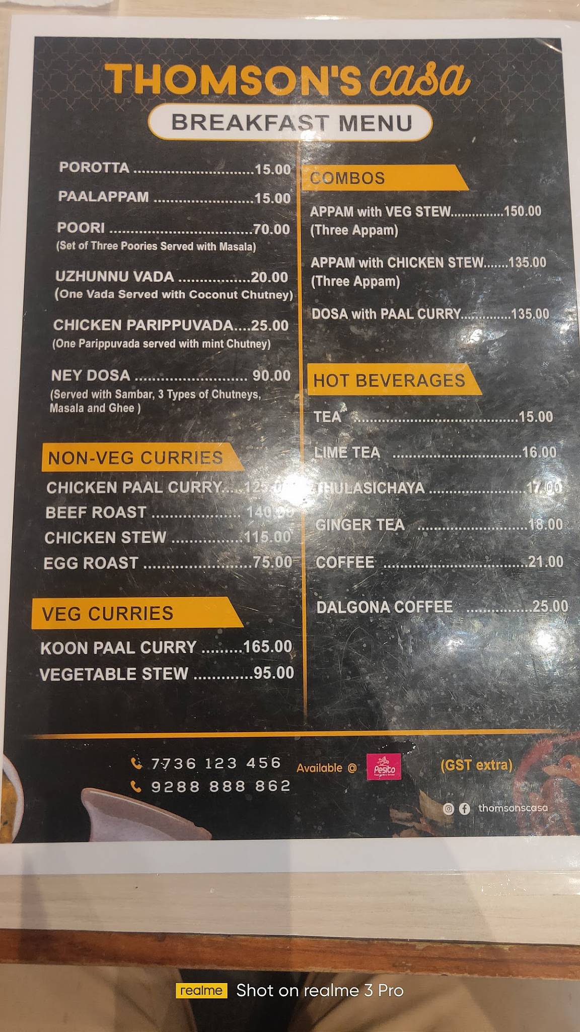 Menu at Thomson's Casa, Thrissur
