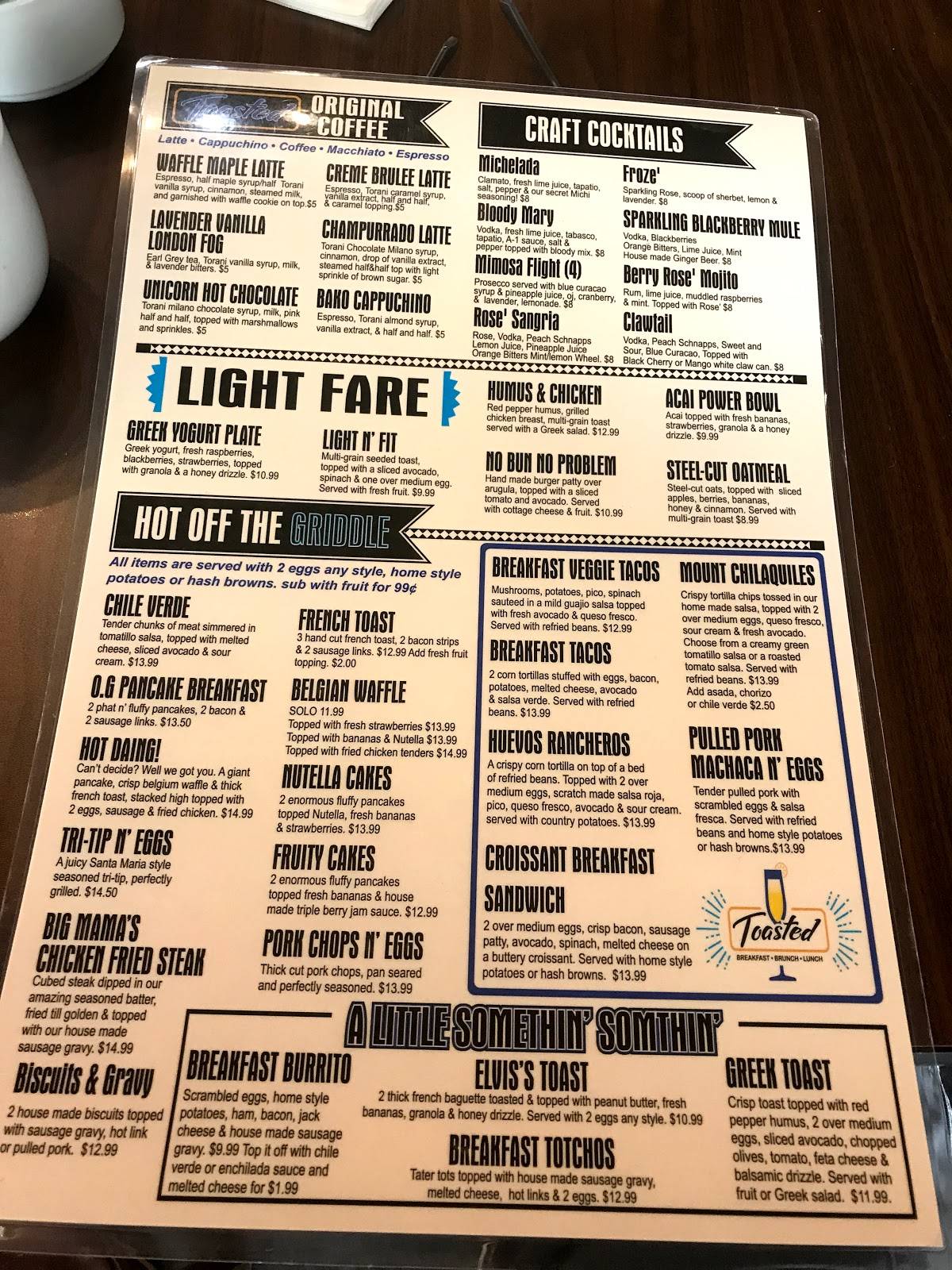 Menu at Toasted restaurant, Bakersfield