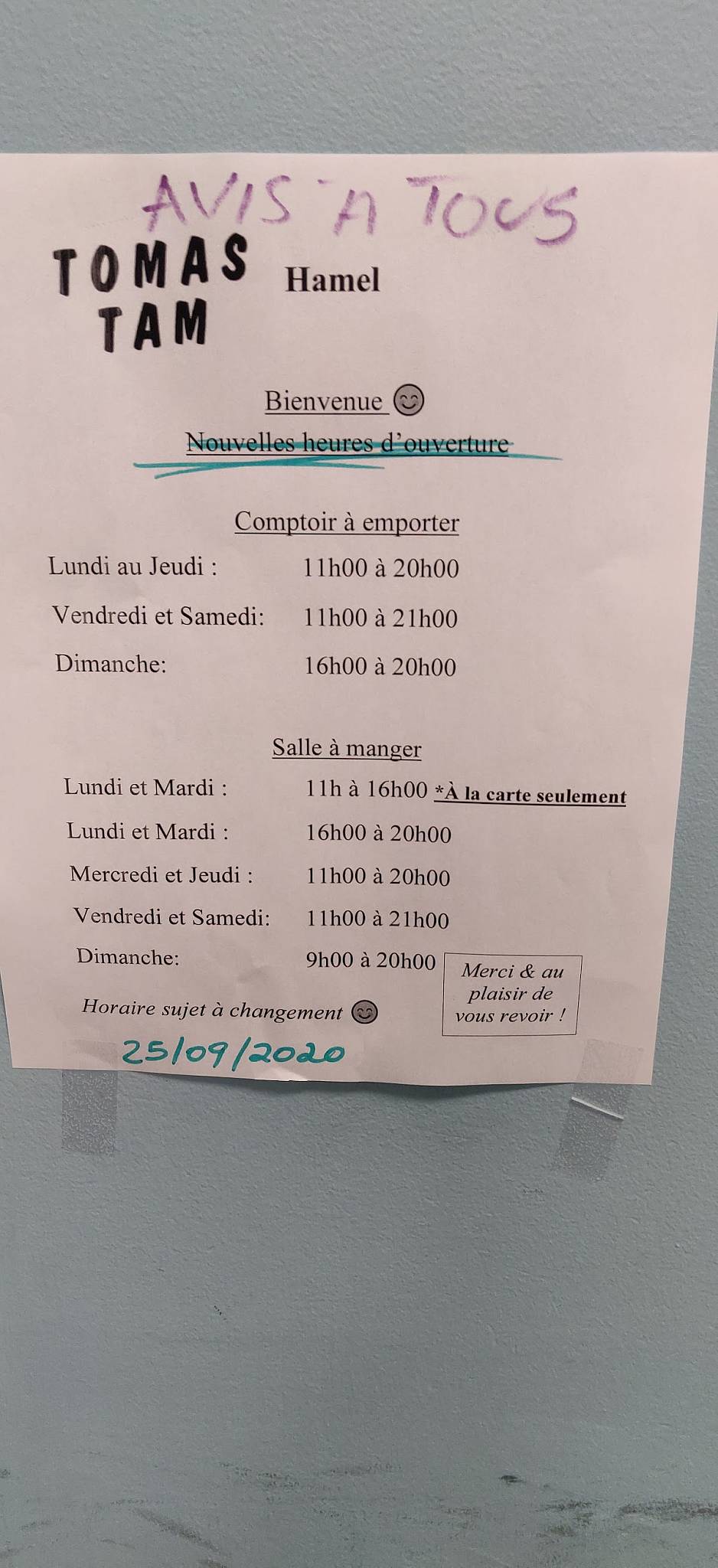 Menu au Restaurant Tomas Tam Inc, Québec, Wilfrid-Hamel Blvd