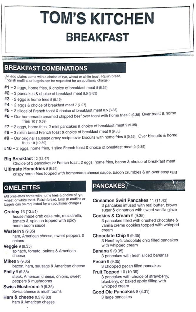 Menu at Tom's Kitchen restaurant, Conyngham, 656 PA-93