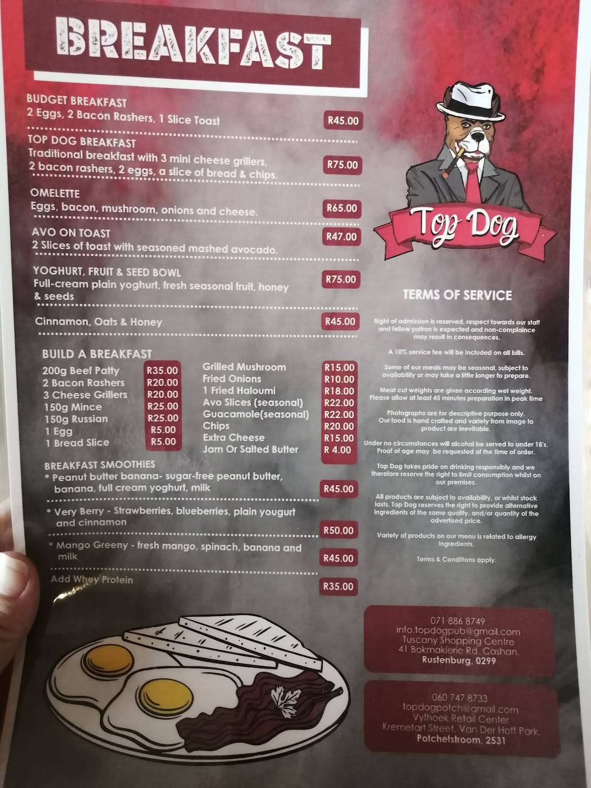 Menu at Top Dog Pub n Grill Potchefstroom, Potchefstroom