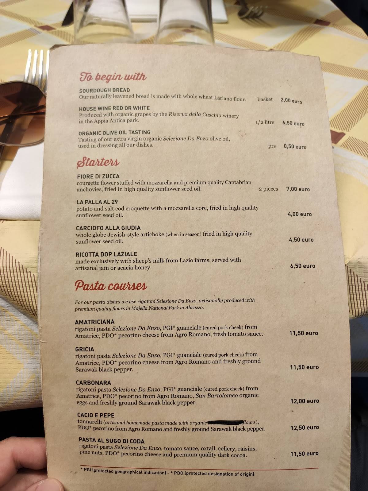 Menu at Trattoria Da Enzo al 29 restaurant, Rome