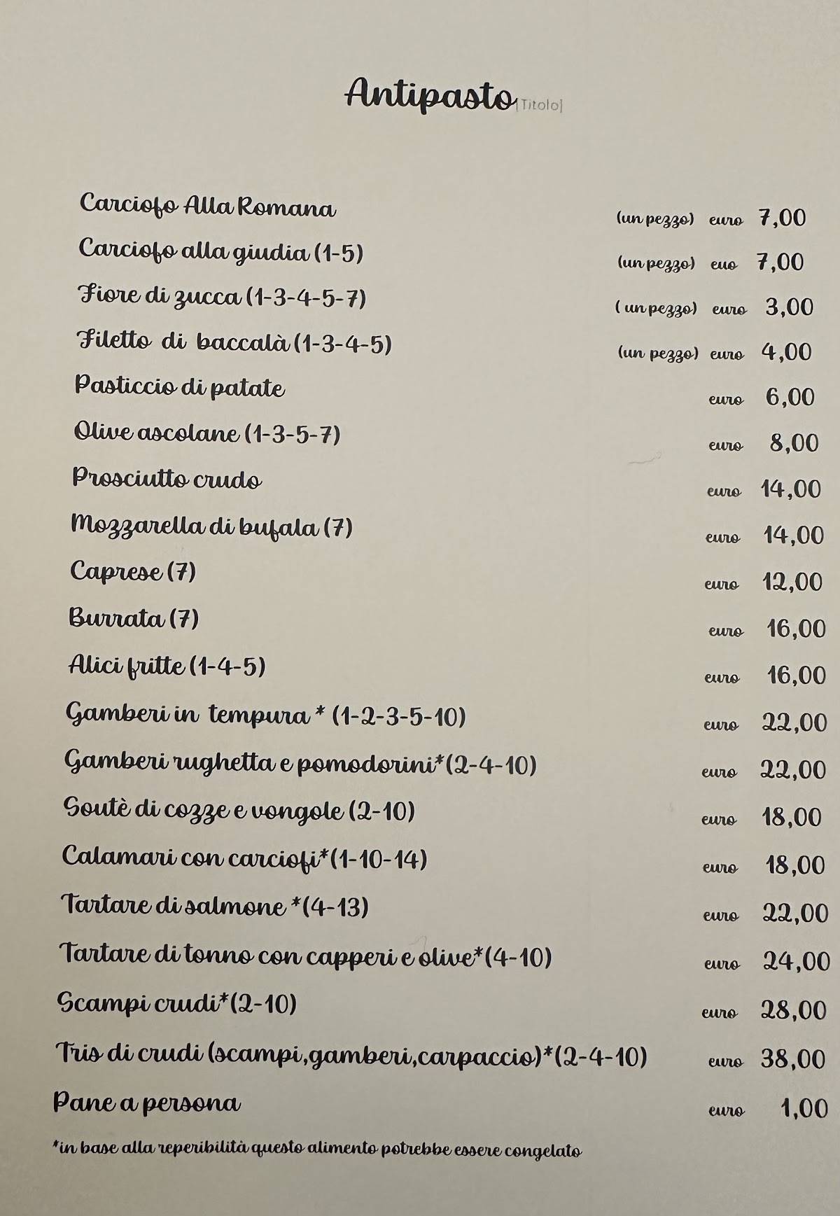 Menu at Trattoria Da Teo restaurant, Rome, Piazza dei Ponziani