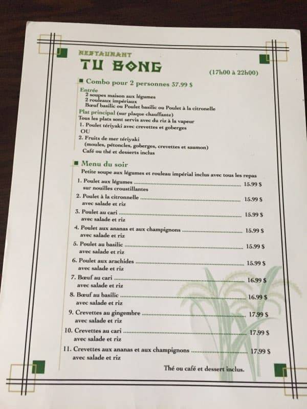 Menu au Restaurant Tu Bong, Québec