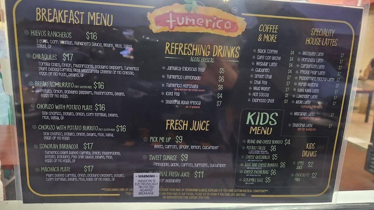 Menu at Tumerico restaurant, Tucson, E 6th St