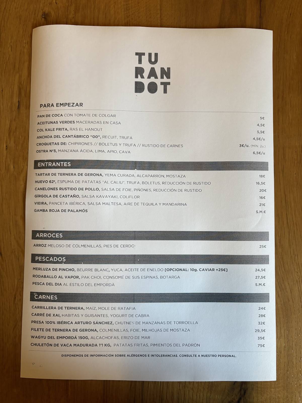 Carta de Restaurant Turandot, Begur