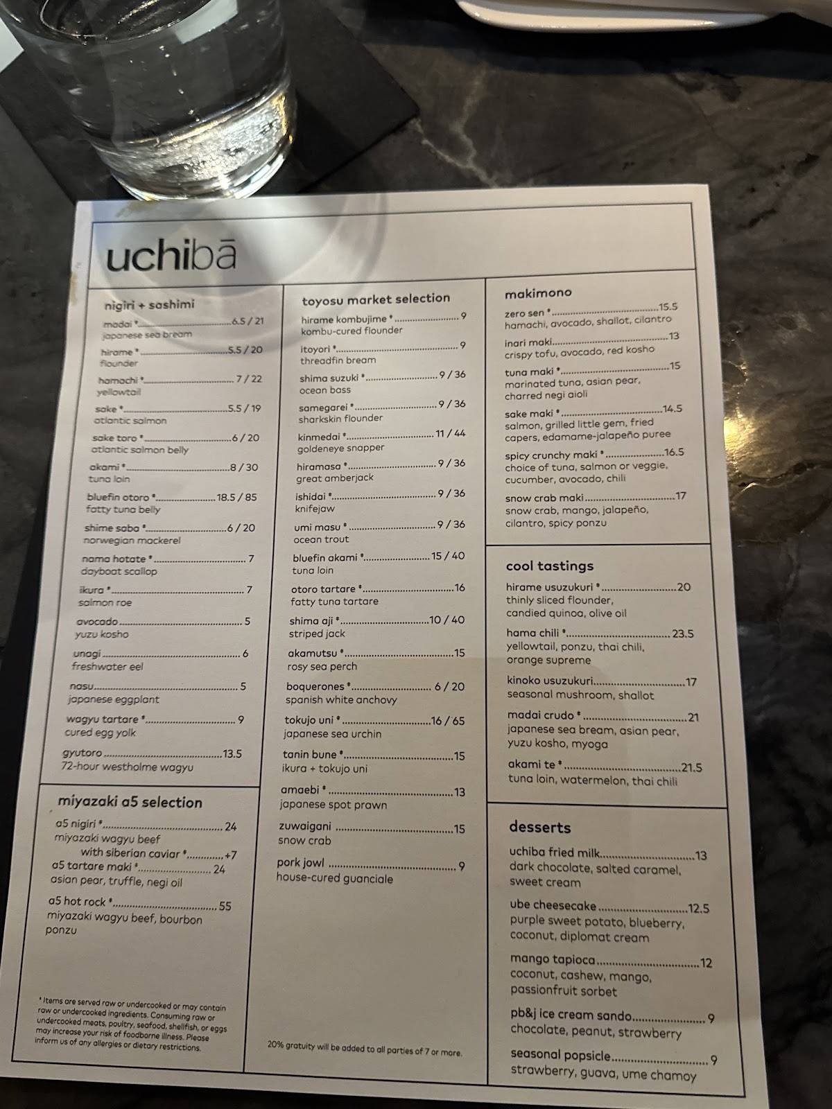 Menu at Uchi Dallas restaurant, Dallas