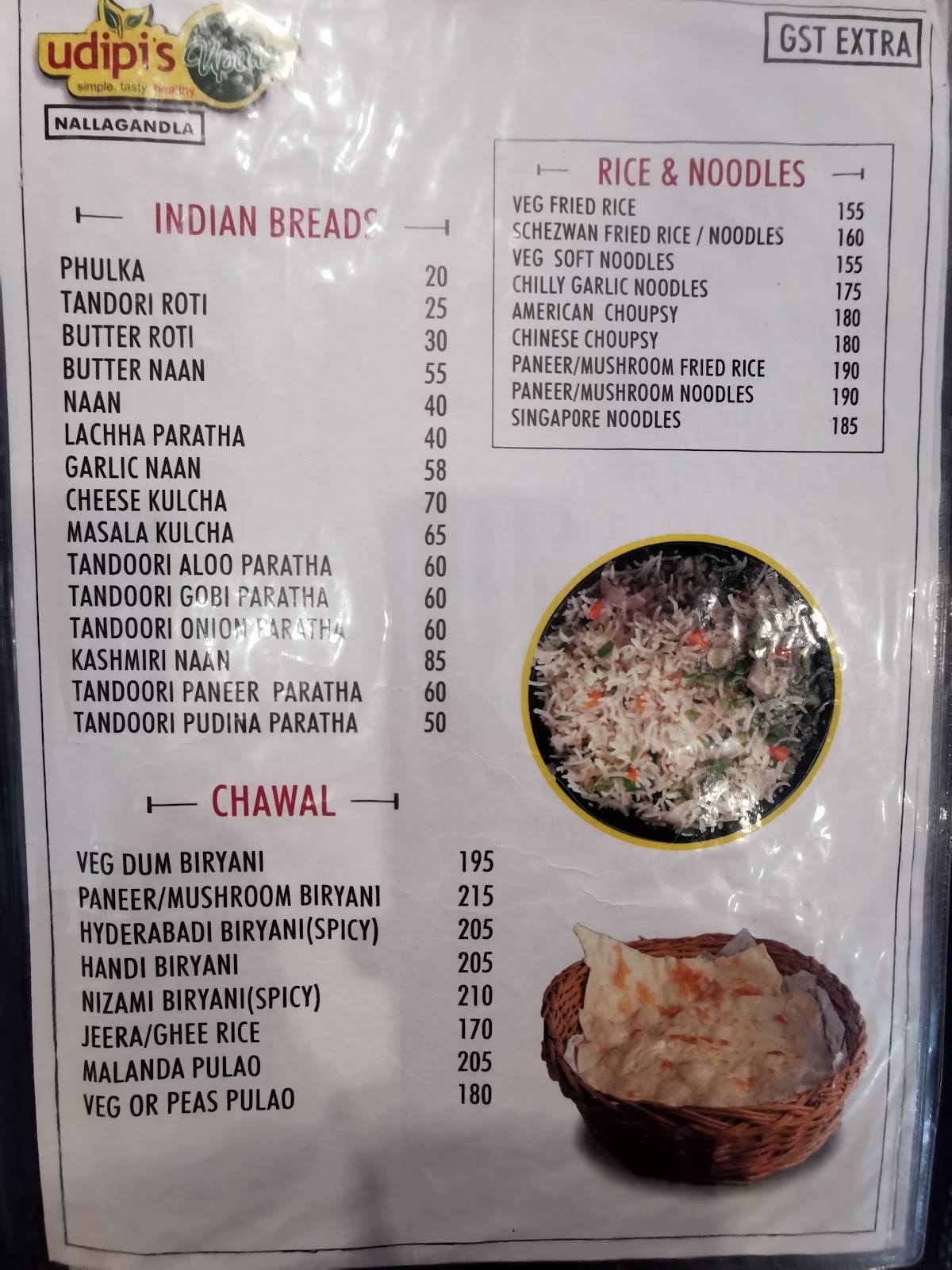 Menu at Udipi's Upahar Nallagandla, Hyderabad