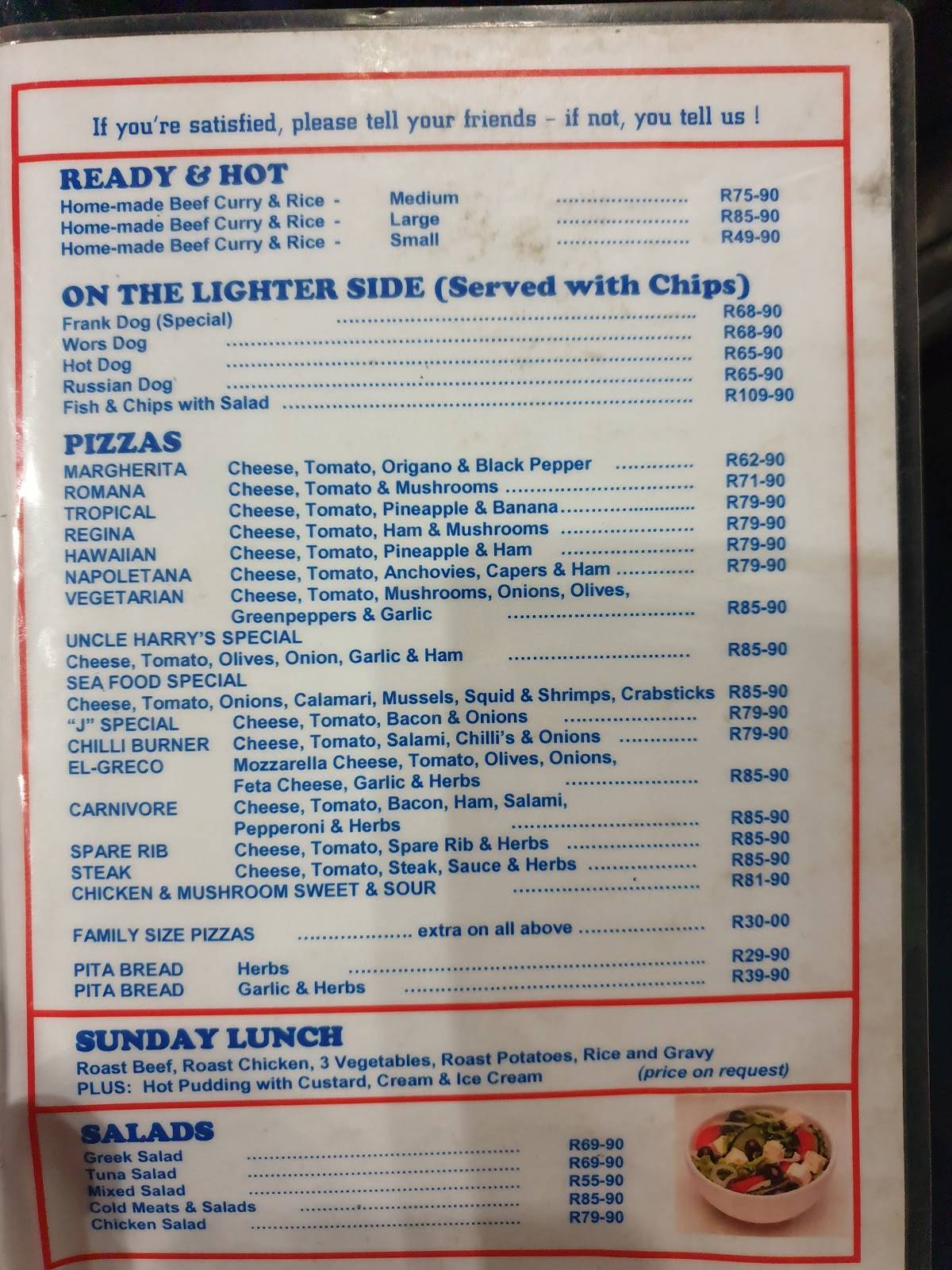 Menu at Uncle Harry's Roadhouse restaurant, Randfontein