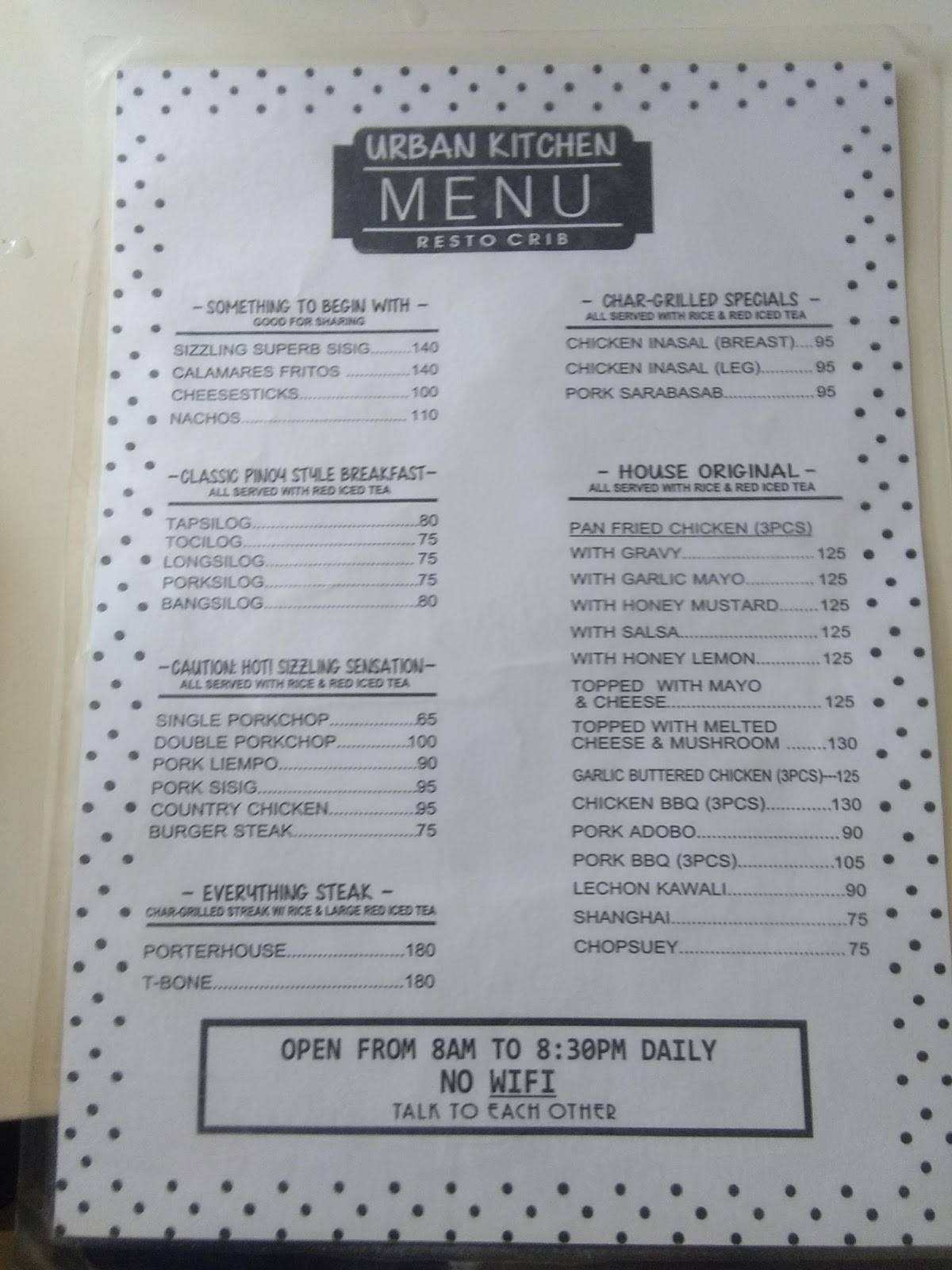 Menu at Urban Kitchen restaurant, Tuguegarao City