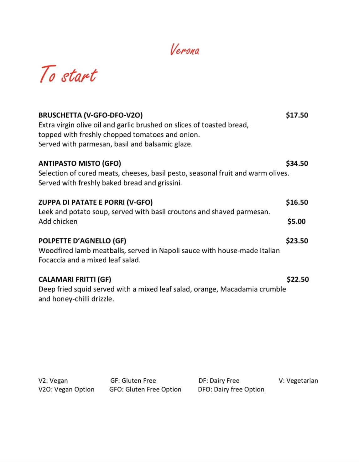 Menu at Verona Devonport restaurant, Devonport