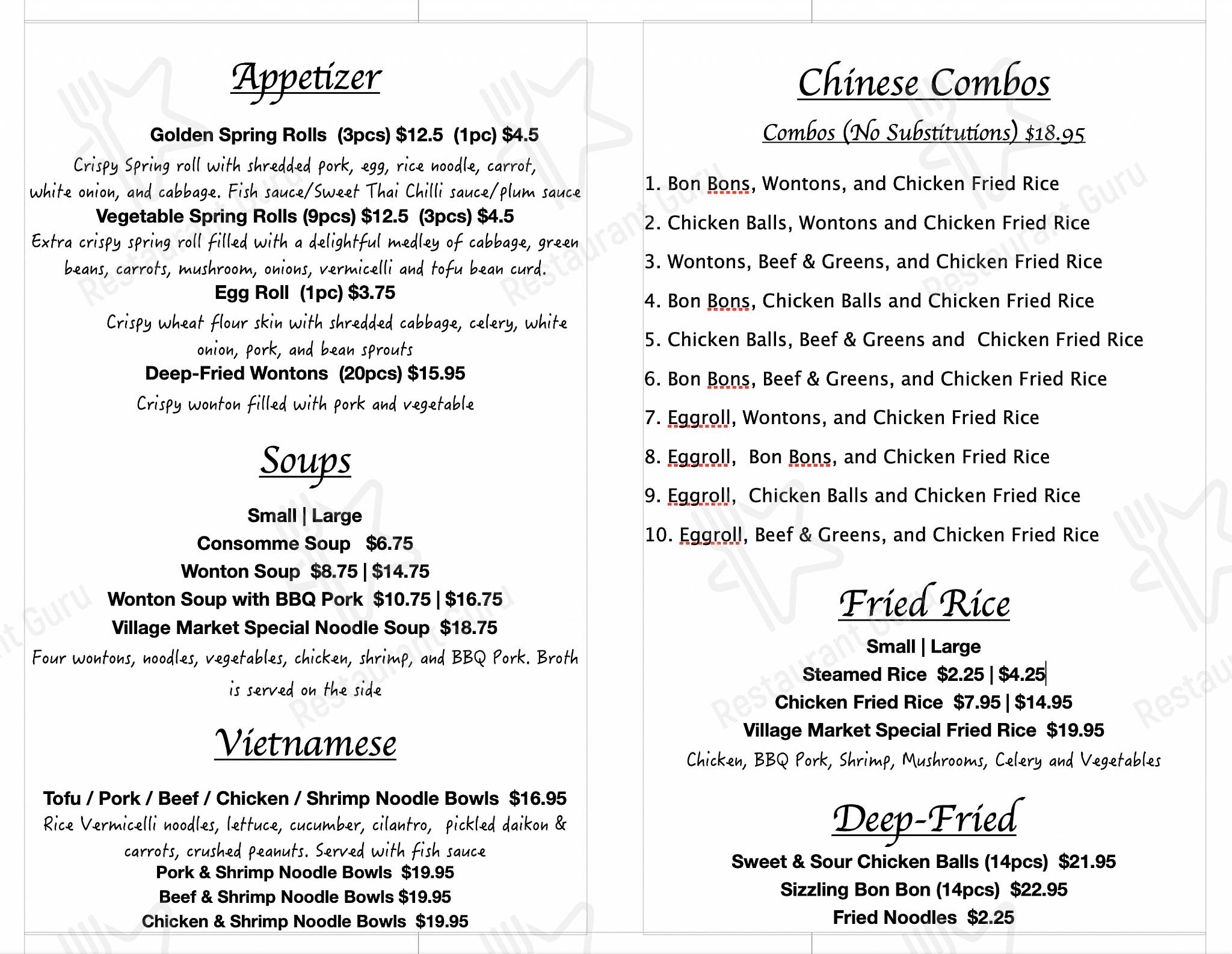 Menu at Village Market restaurant, Thunder Bay