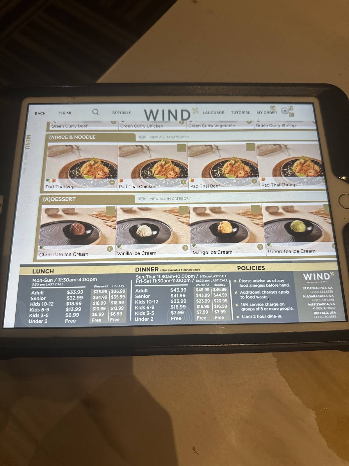 Menu at WIND Japanese and Thai restaurant, Mississauga
