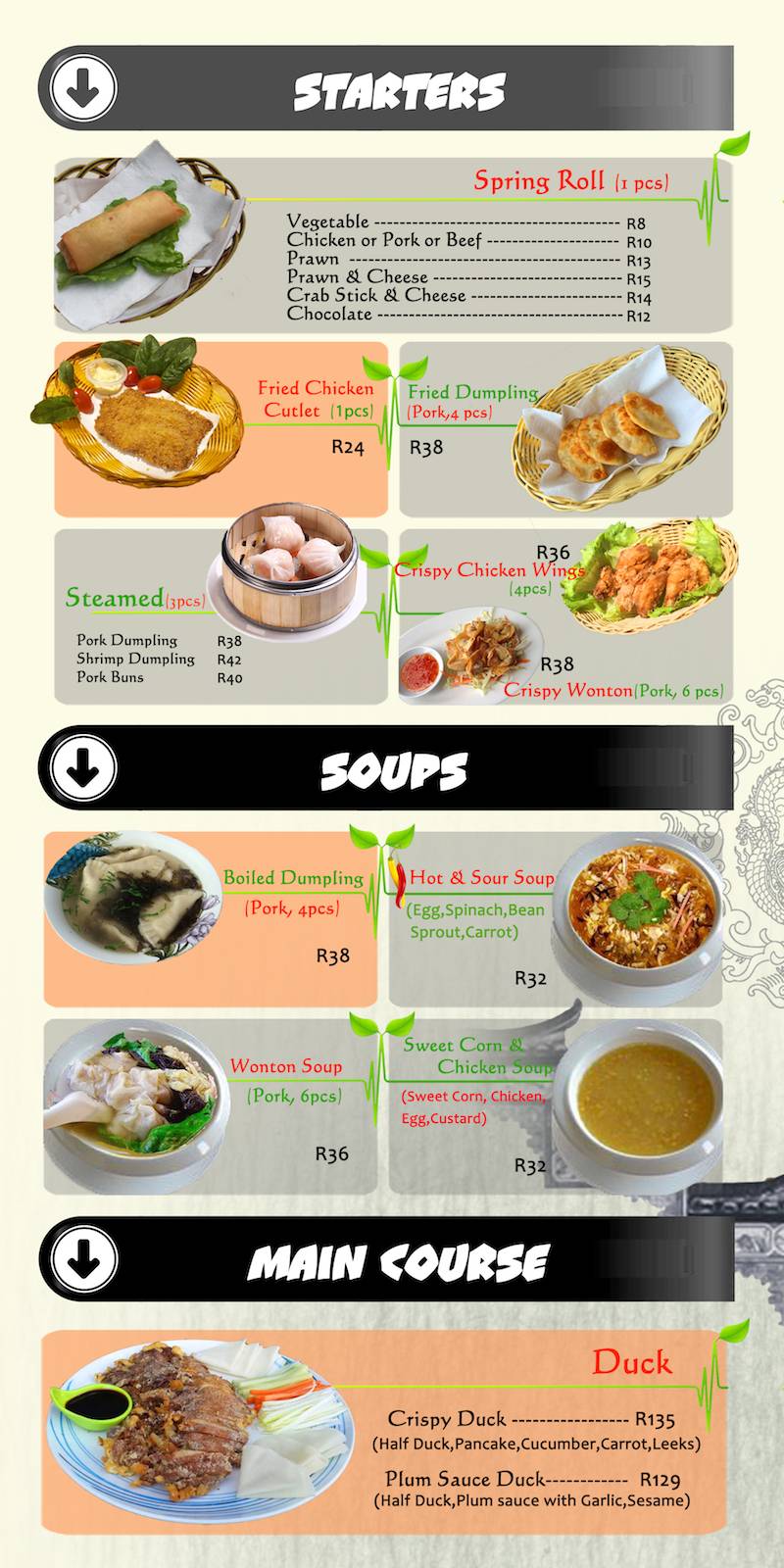 Menu at Wason Chinese Sushi restaurant, Cape Town