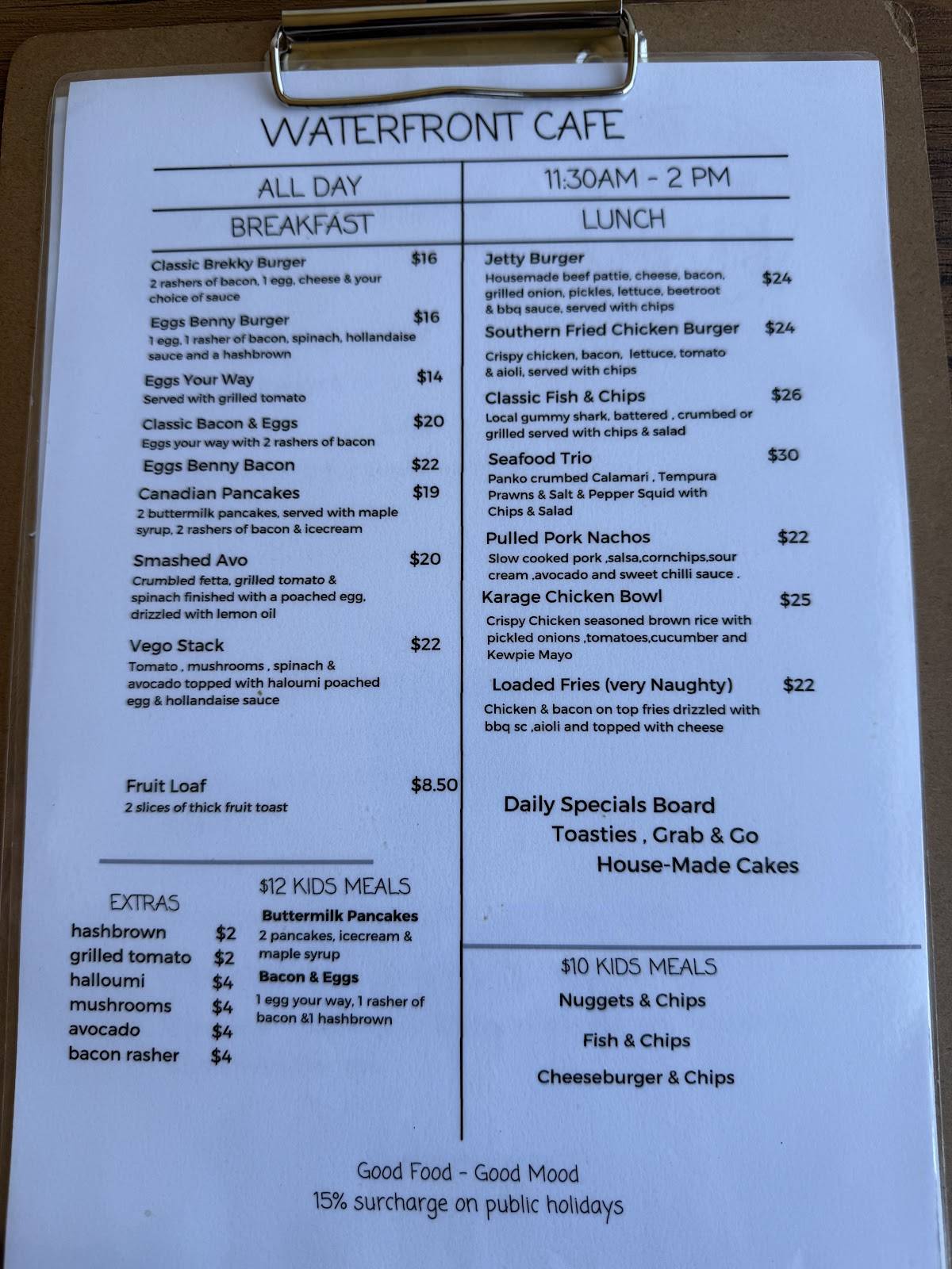Menu at Waterfront Cafe at the Jetty, Beachport