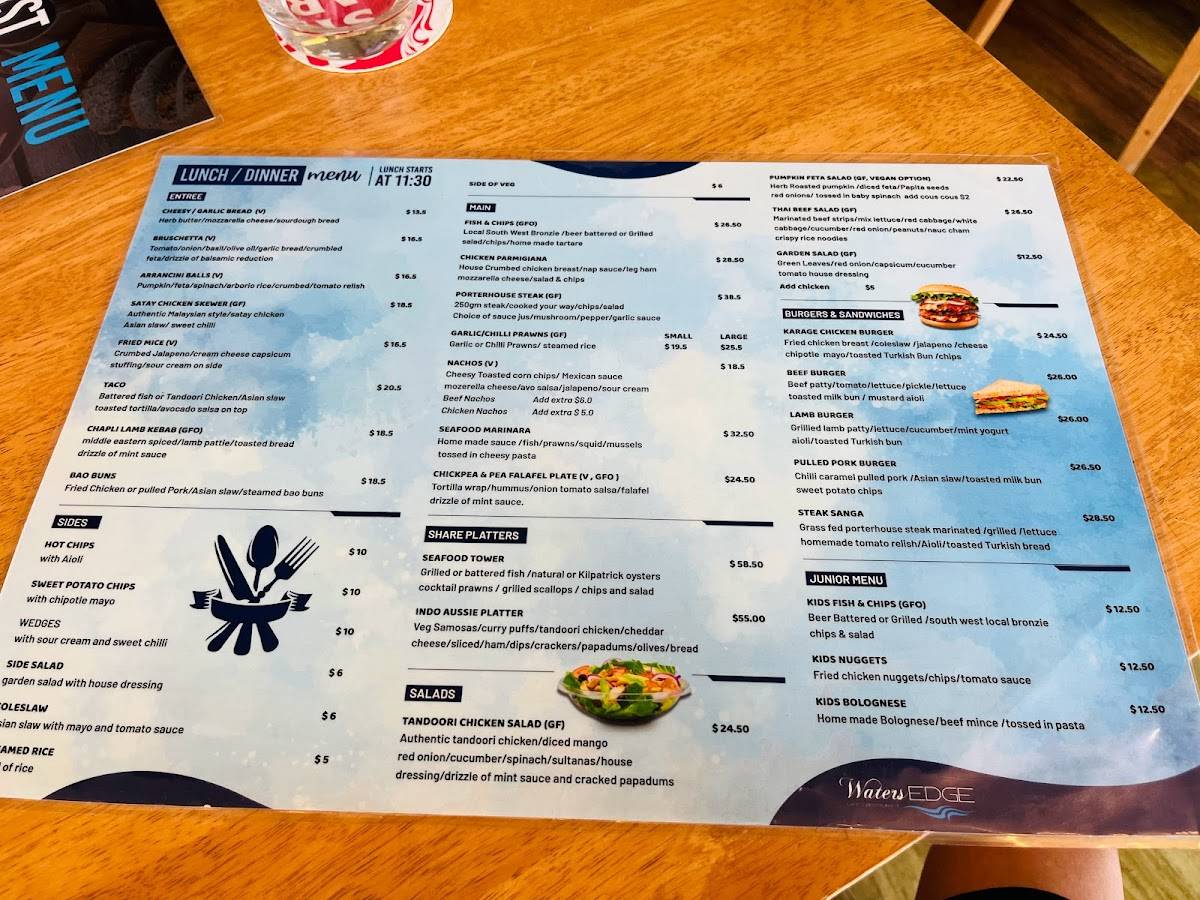 Menu at Waters Edge restaurant, Bunbury
