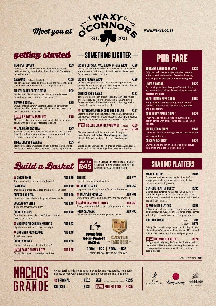 Menu at Waxy O'Connors restaurant, Durban