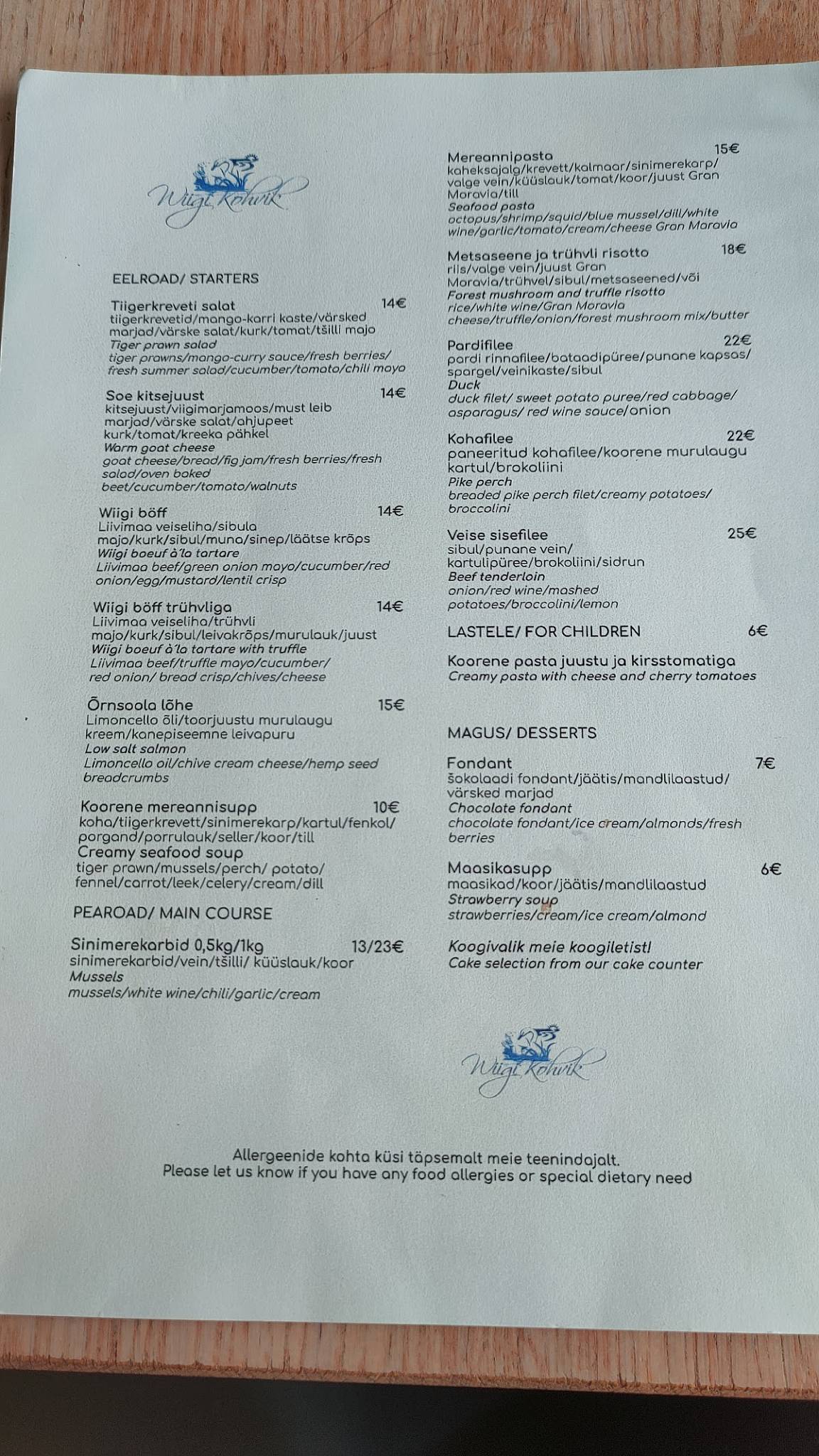 Menu at Wiigi Kohvik restaurant, Haapsalu