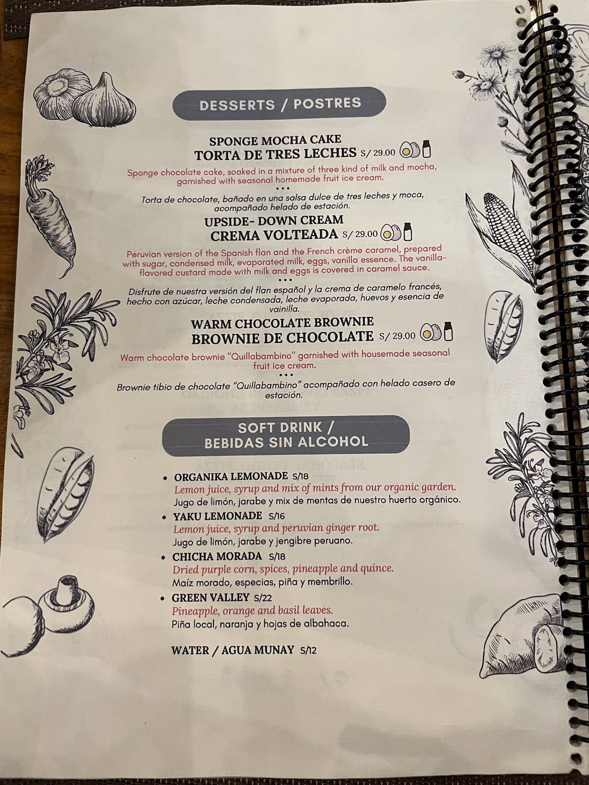 Menu at Yaku Restaurant, Cusco