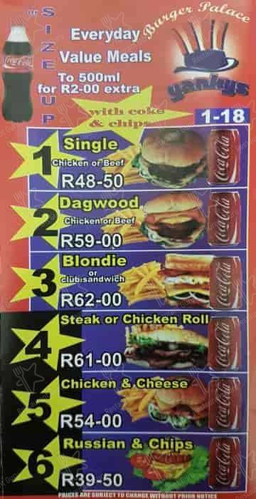 Menu at YANKYS GREYMONT restaurant, Johannesburg, 138 Long Rd