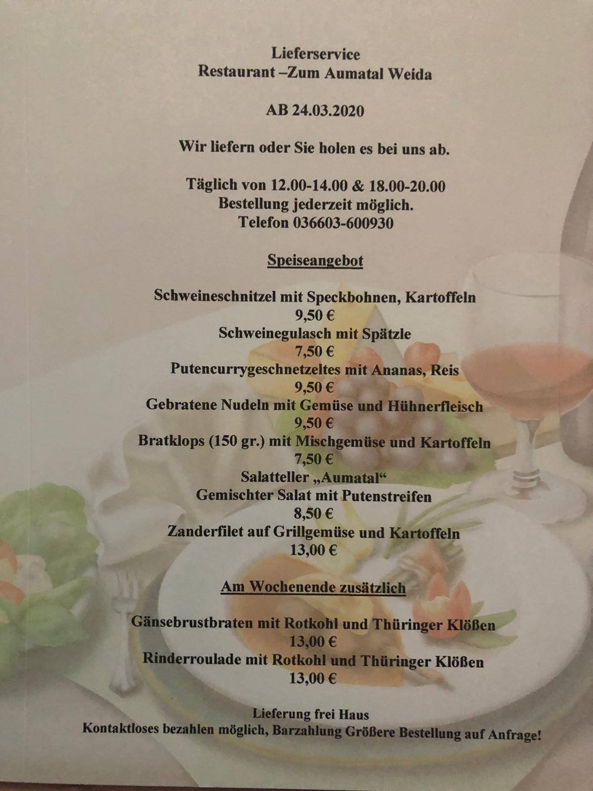 Speisekarte von Restaurant & Pension “Zum Aumatal” - Daniel Gerold, Weida