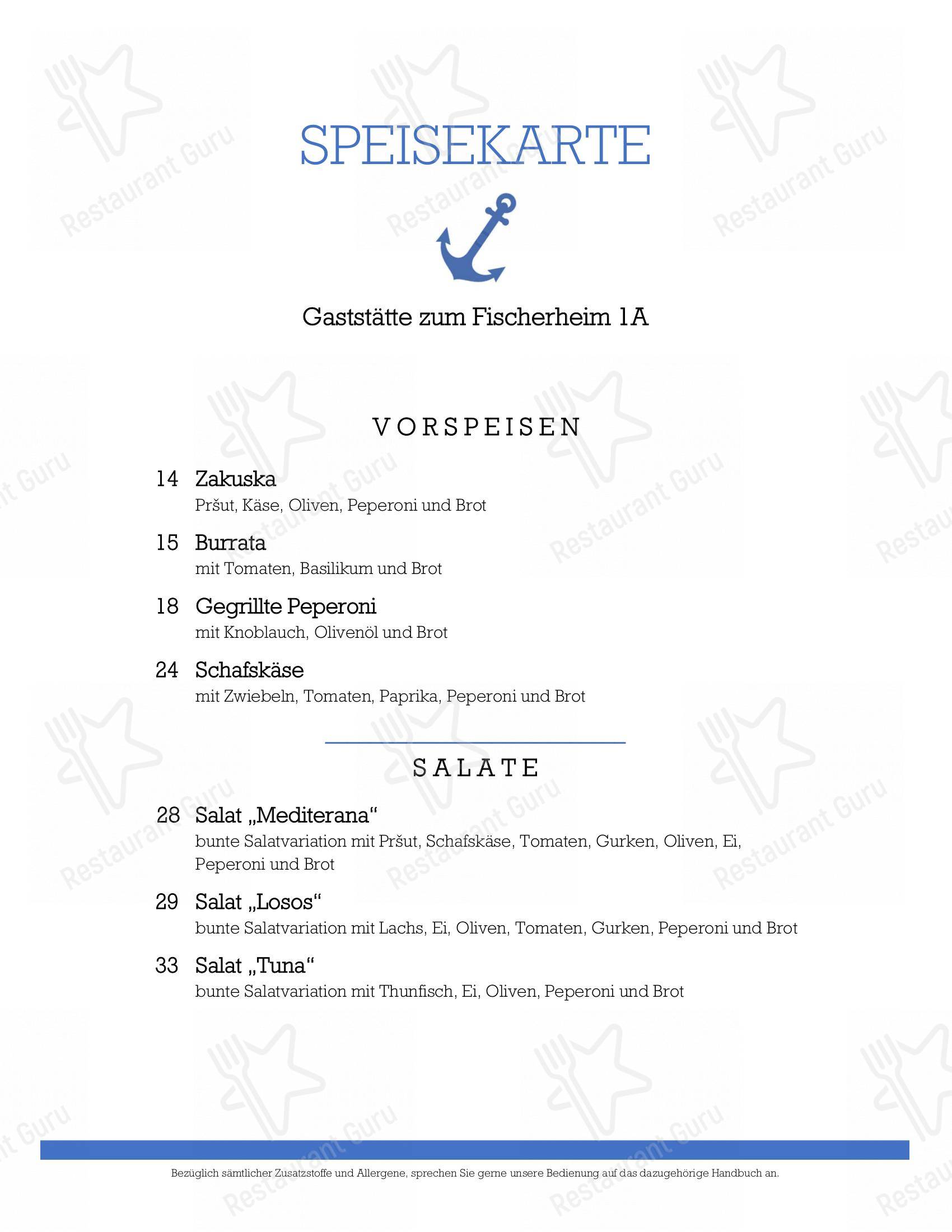 Speisekarte von Zum Fischerheim 1A restaurant, Bobenheim-Roxheim