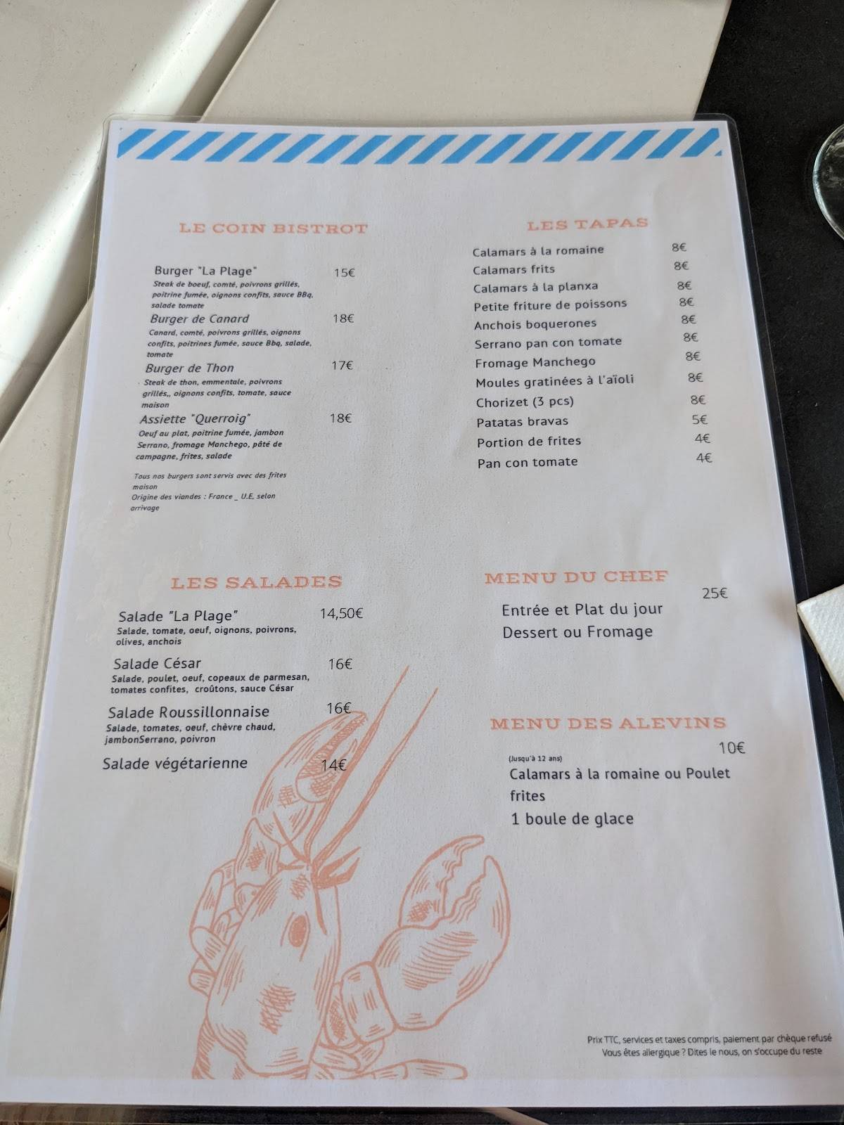 Menu au Restaurant de la Plage. Bar, Cerbère