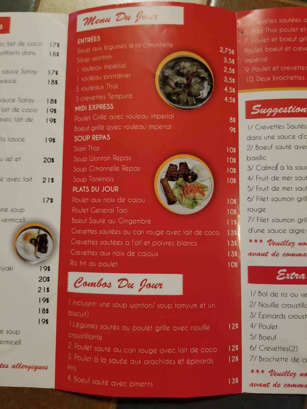 Menu au Restaurant du Siam Thai, Repentigny