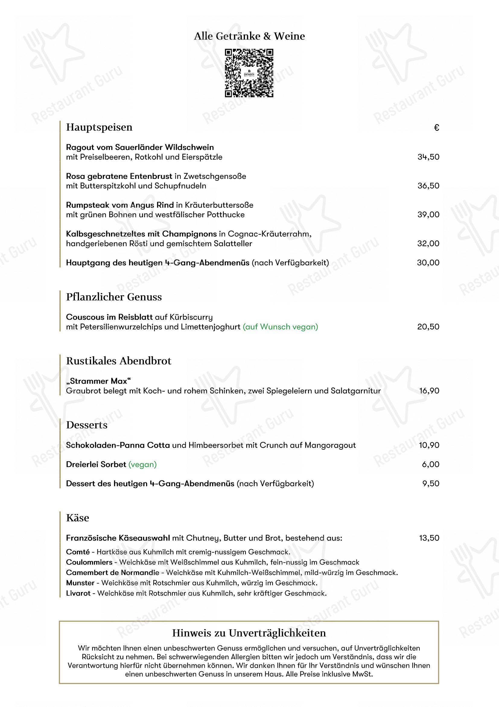 Speisekarte von Restaurant im DIEDRICH Wellnesshotel & Spa, Hallenberg