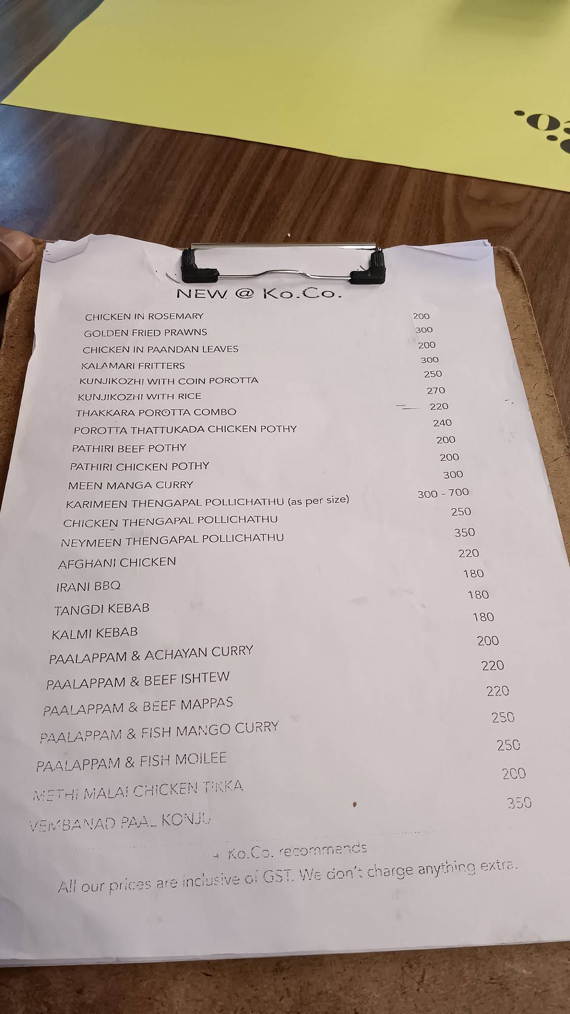 Menu at ko.co. kottayam company, Kottayam
