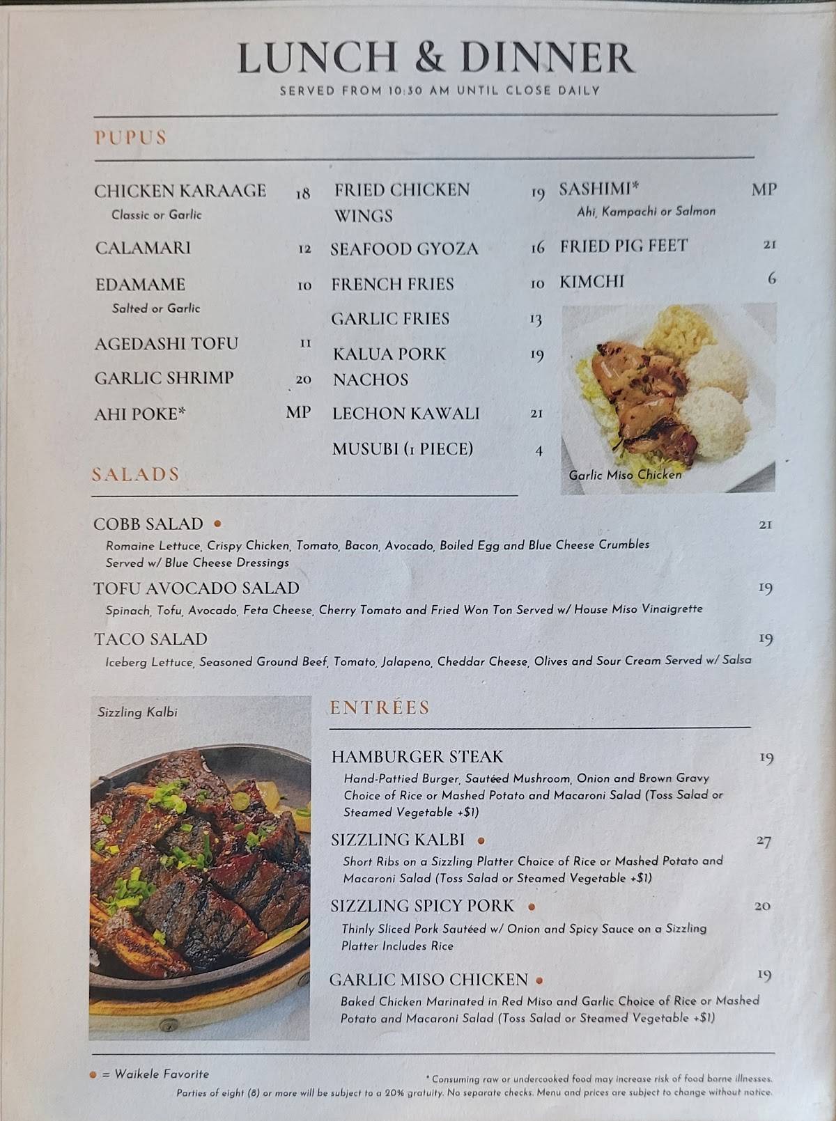 Menu at waikele golf course restaurant, Waipahu