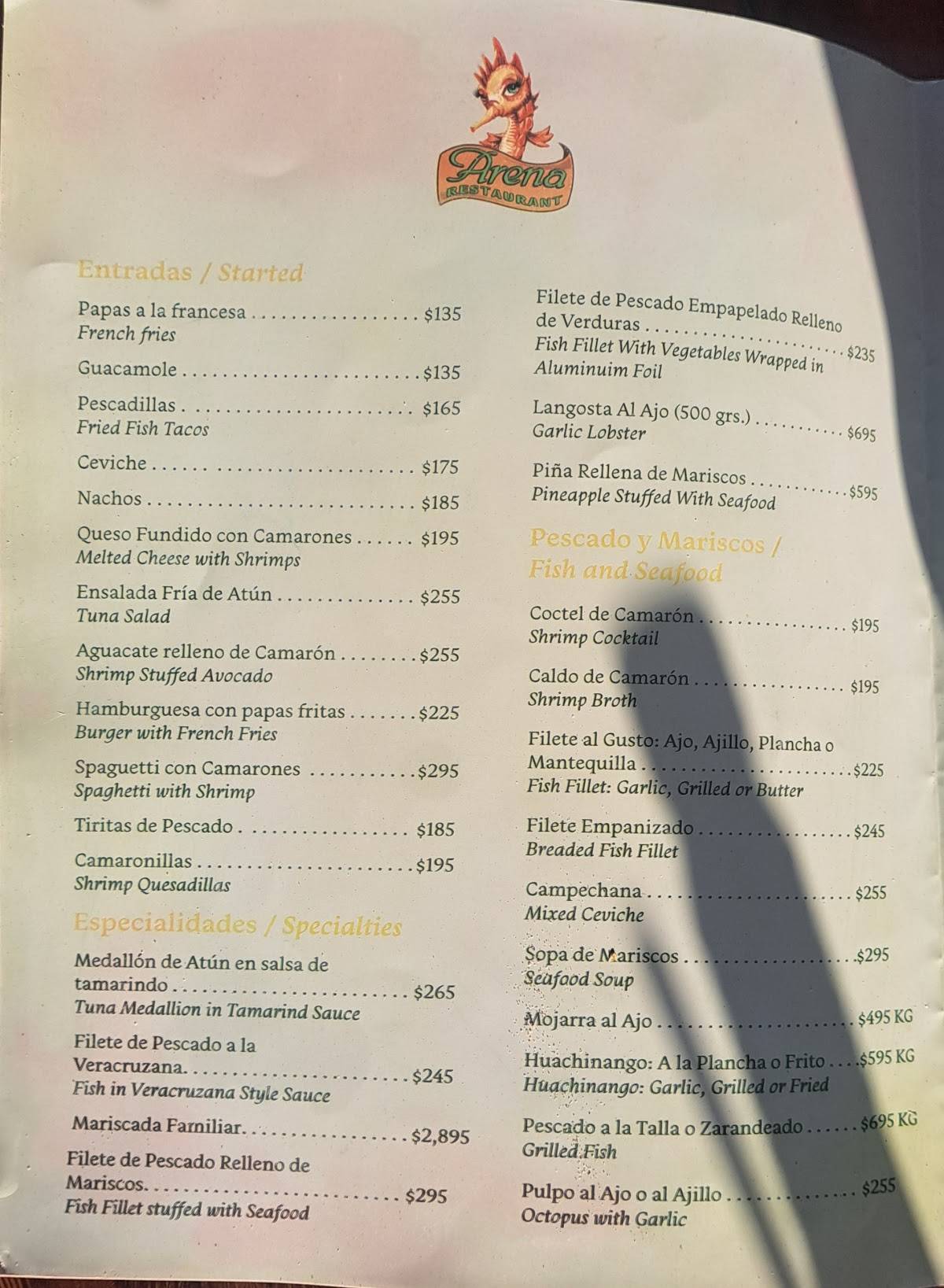 Menu at Restaurante Arena, Zihuatanejo