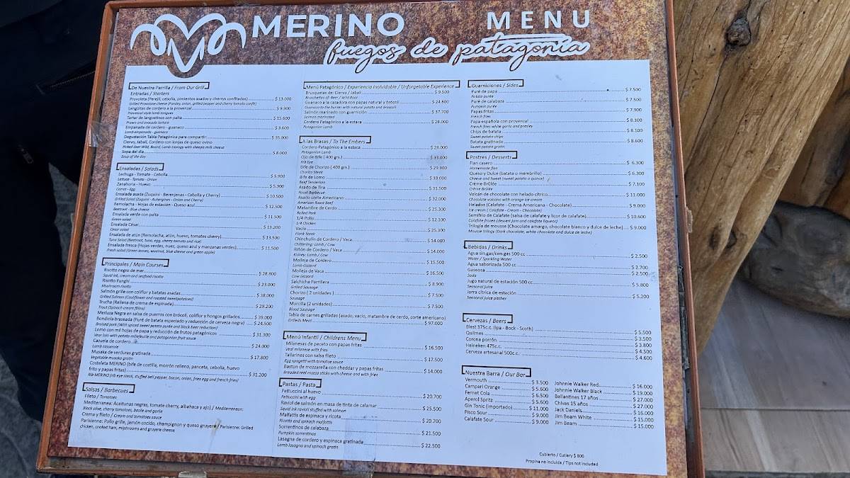 Menu at Restaurante Asador "MERINO-Fuegos de Patagonia", El Calafate