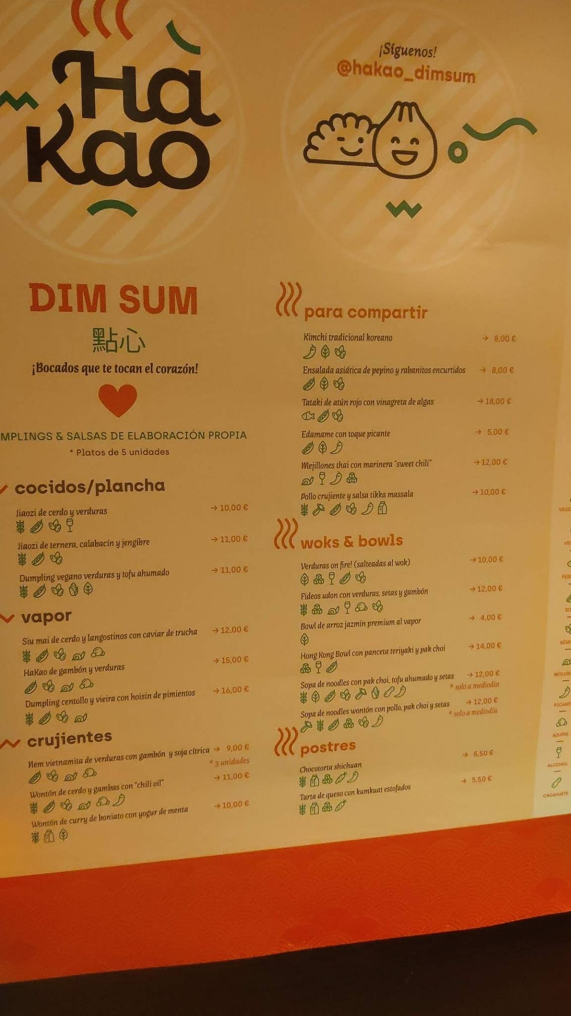 Carta de Restaurante Asiático HaKao DimSum, Valladolid