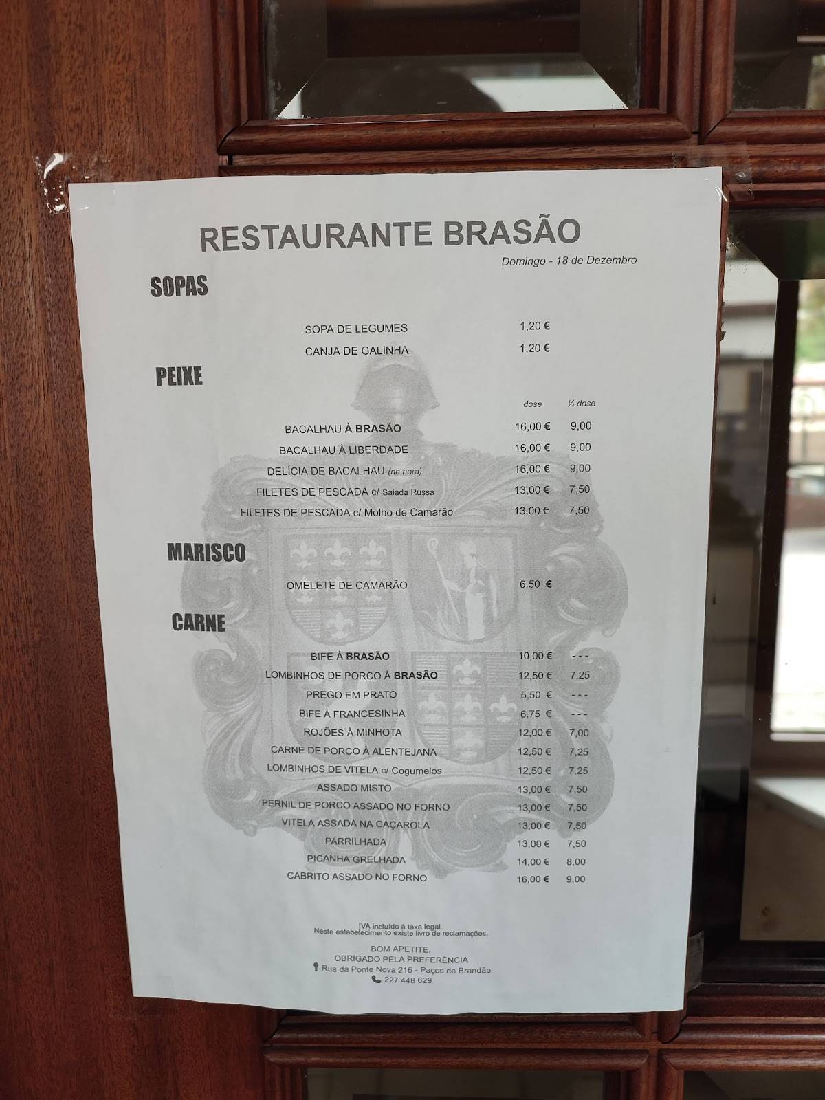 Menu em Restaurante Brasão, Esmoriz, R. da Ponte Nova 212