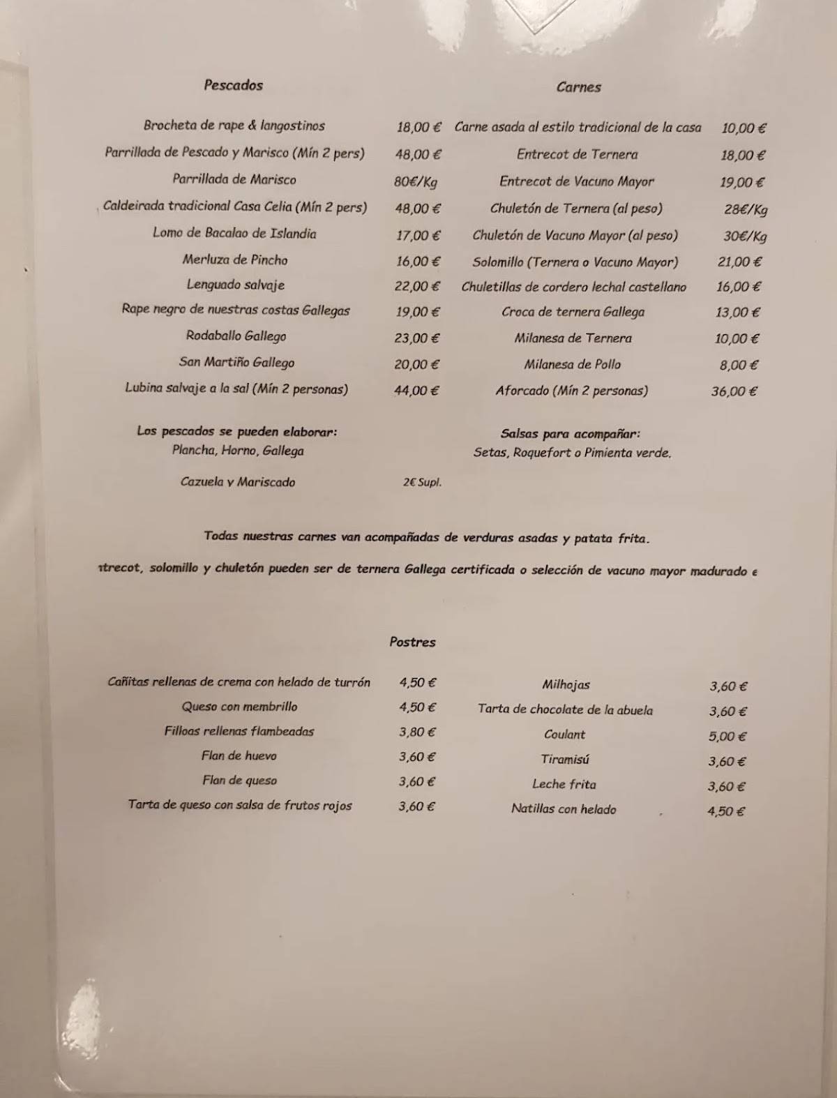 Carta de Restaurante Casa Celia, Pontido