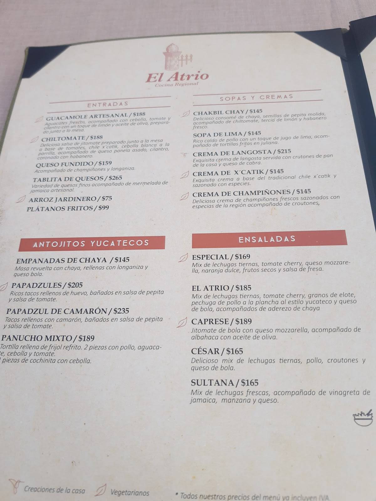 Carta del restaurante El Atrio del Mayab. Cocina regional Yucateca ...