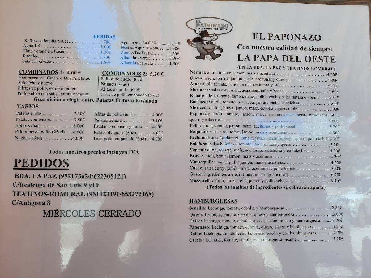 Carta de Restaurante El Paponazo del Parque del Oeste, Málaga, C ...