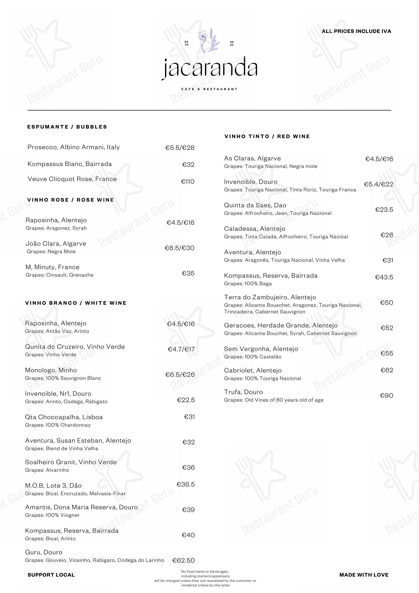 Menu at Restaurante Jacaranda, Praia da Luz