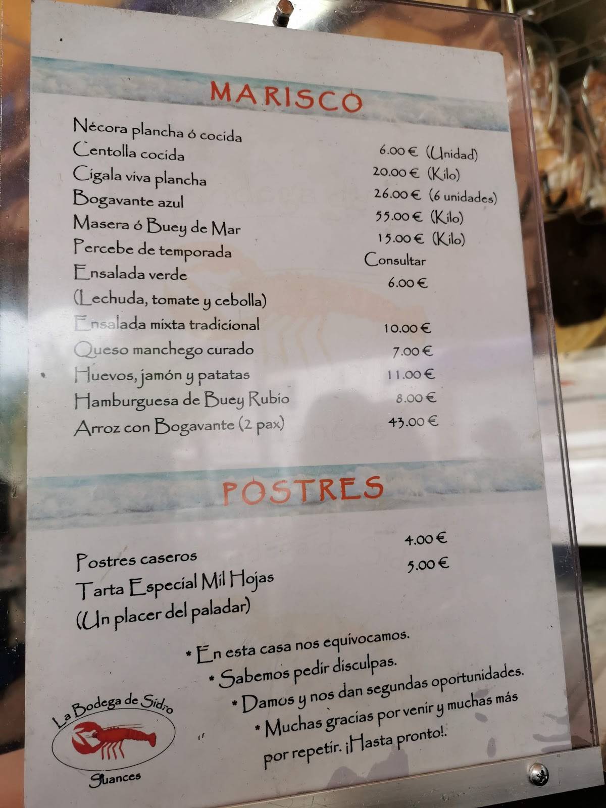 Carta de Restaurante La Bodega de Sidro, Suances