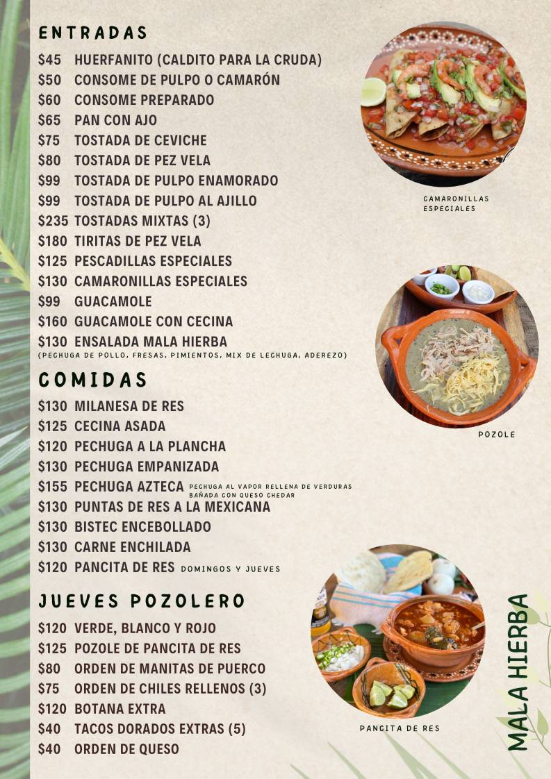 Menu at Restaurante Mala Hierba, Acapulco