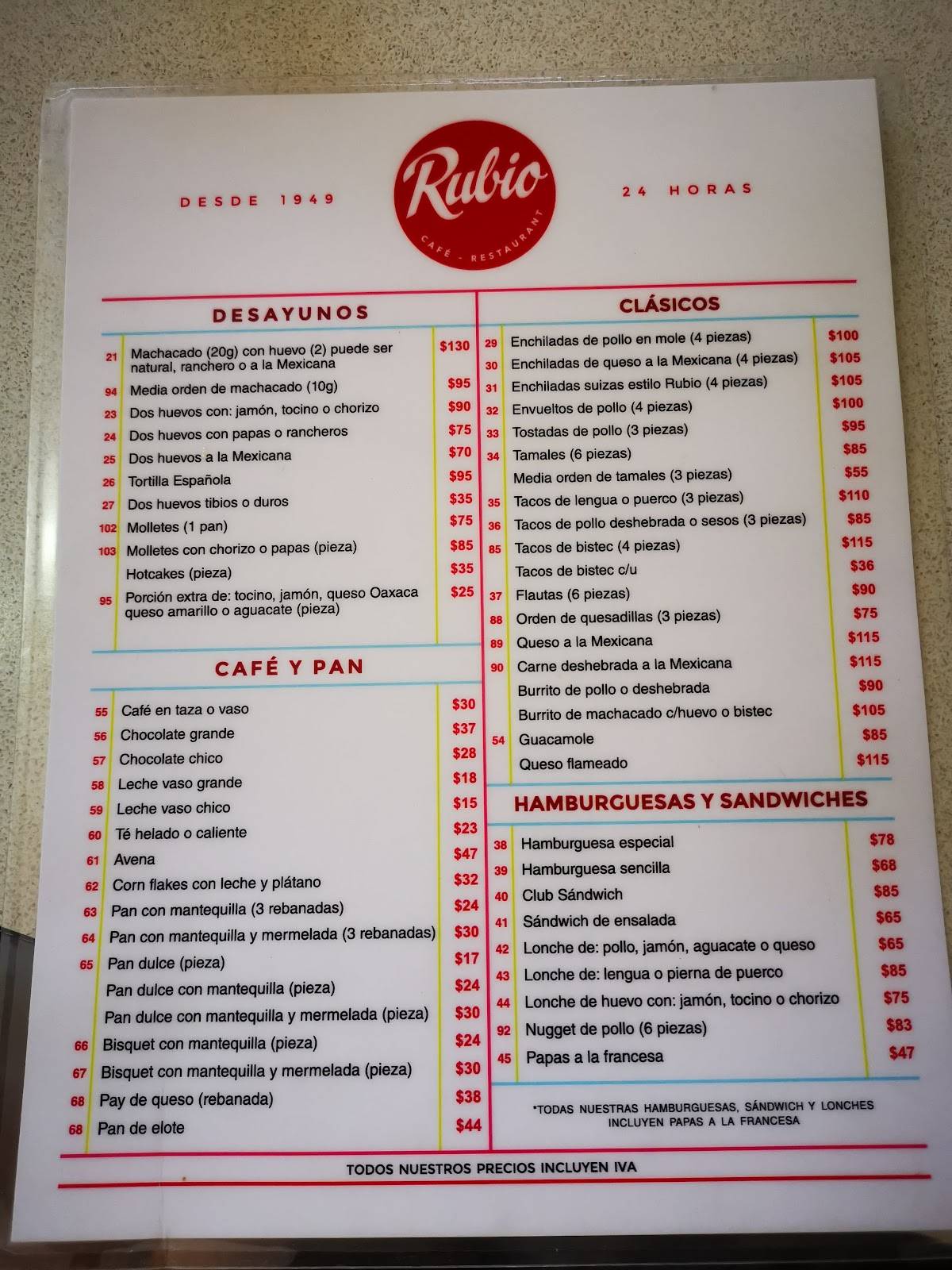 Carta de Restaurante Rubio, Monterrey