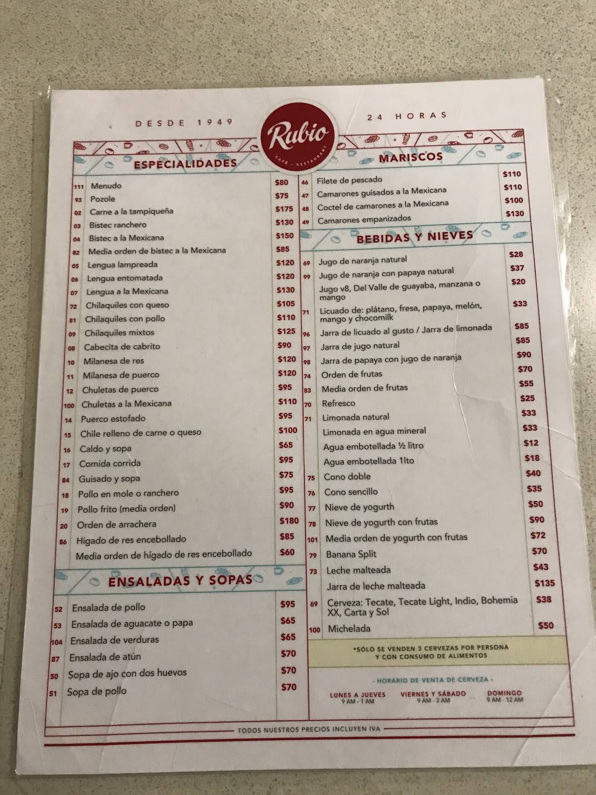 Carta de Restaurante Rubio, Monterrey