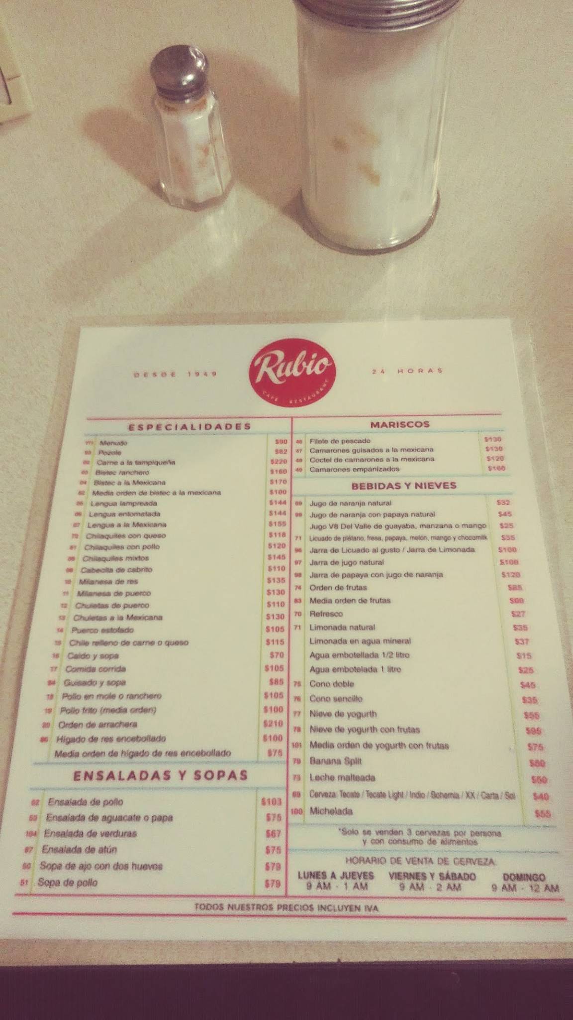 Carta de Restaurante Rubio, Monterrey