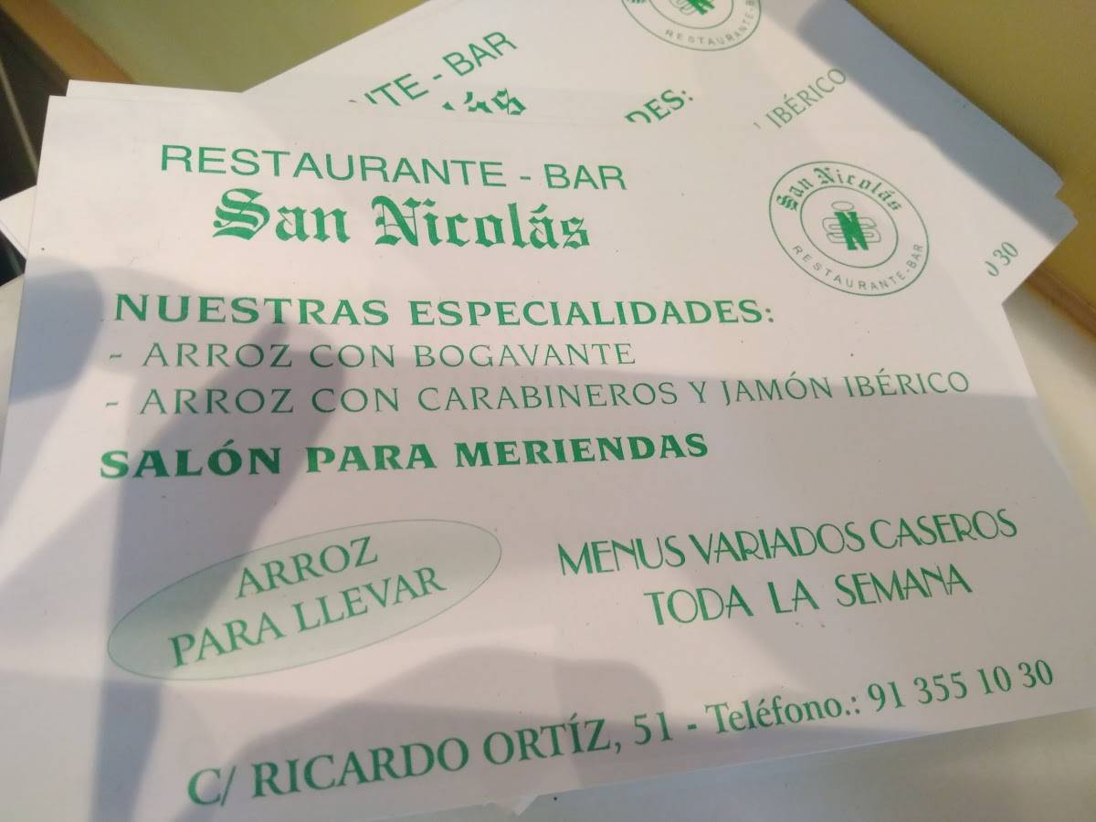 Carta de Restaurante San Nicolás Arrocería, Madrid, Calle Ricardo Ortiz
